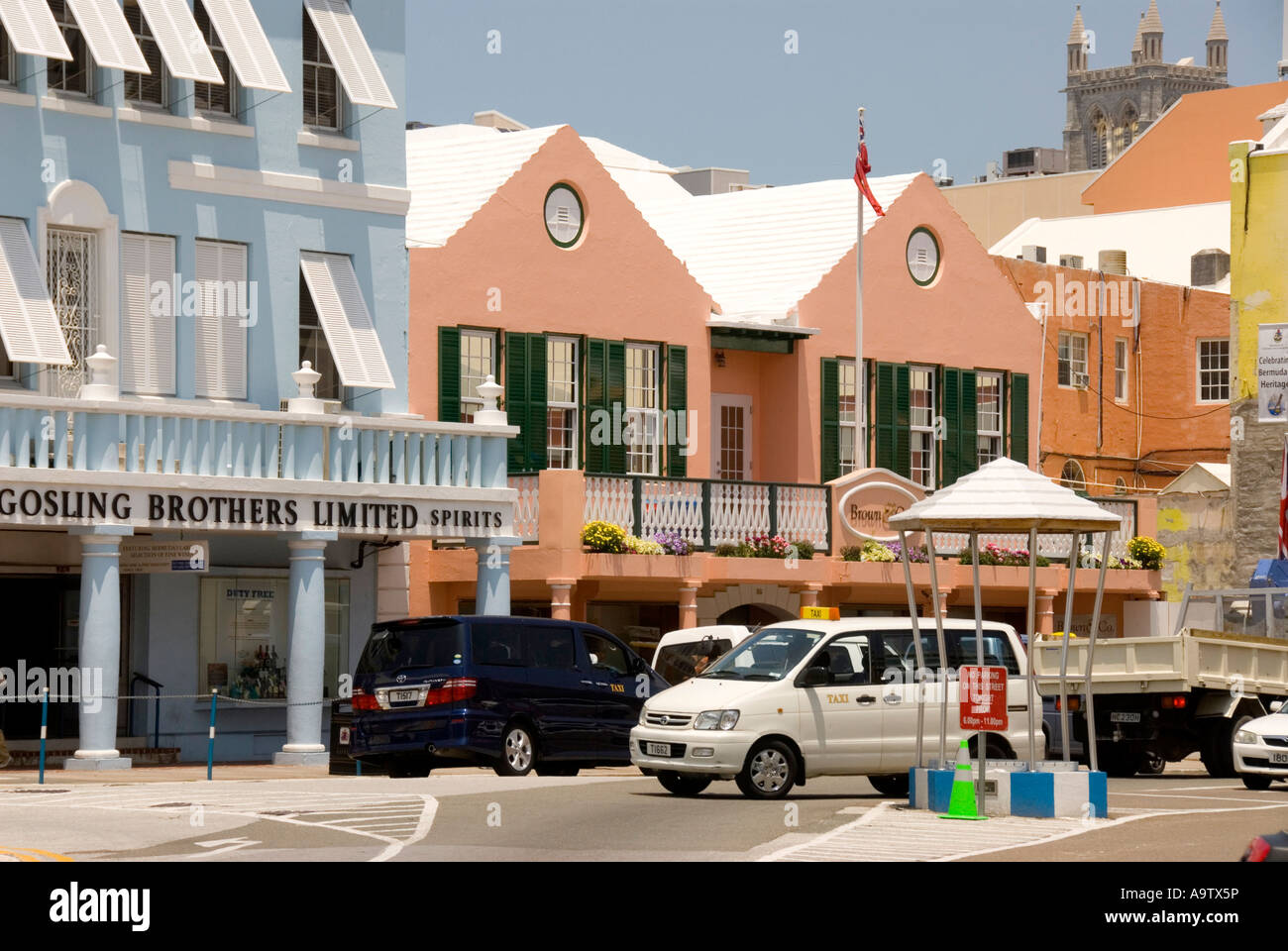 Bermuda Hamilton Front Street skyline shops pink buildings white ribbed ...