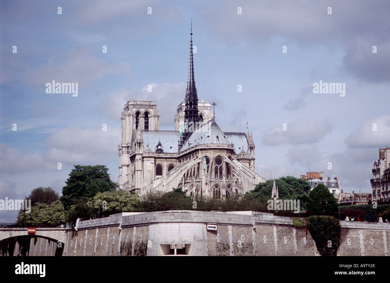 Notre Dame as seen from the River Seine rear aspect Stock Photo - Alamy