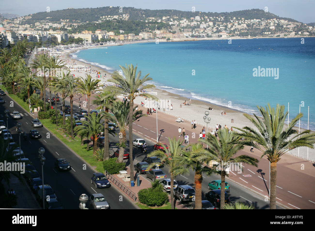A wide and elevated view of the Promenade des Anglais from the terrace ...