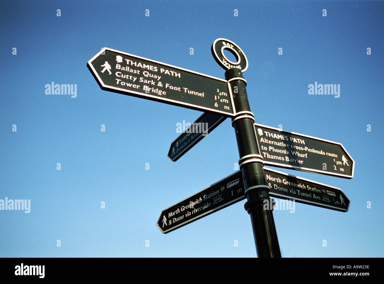 sign post showing directions on the Thames path to Tower Bridge Cutty ...