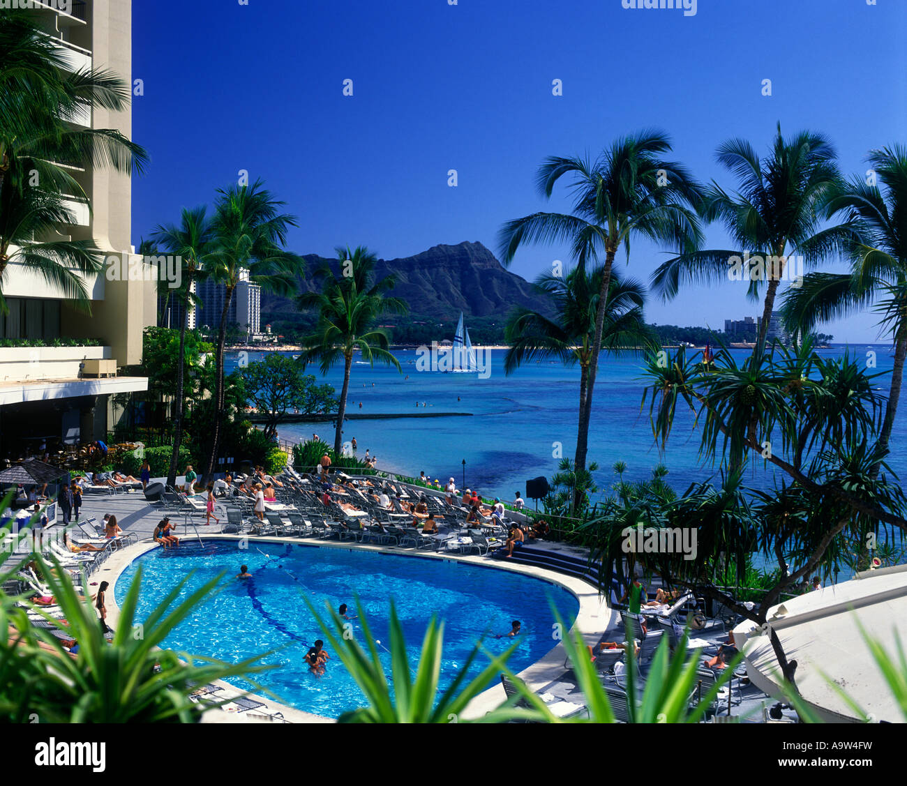 DIAMOND HEAD FROM SHERATON HOTEL SWIMING POOL WAIKIKI BEACH HONOLULU ...