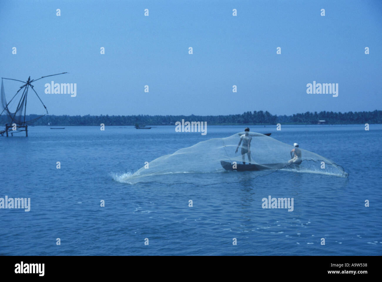 Man casts net off boat backwaters of Kerala Southern India Stock Photo ...