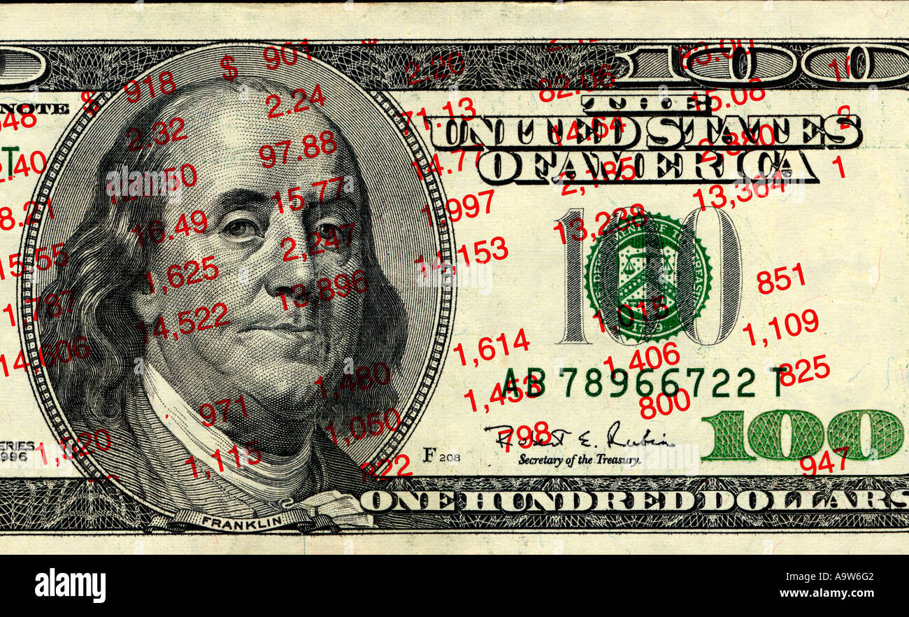 Closeup $100 dollar bill numbers overlay Stock Photo - Alamy