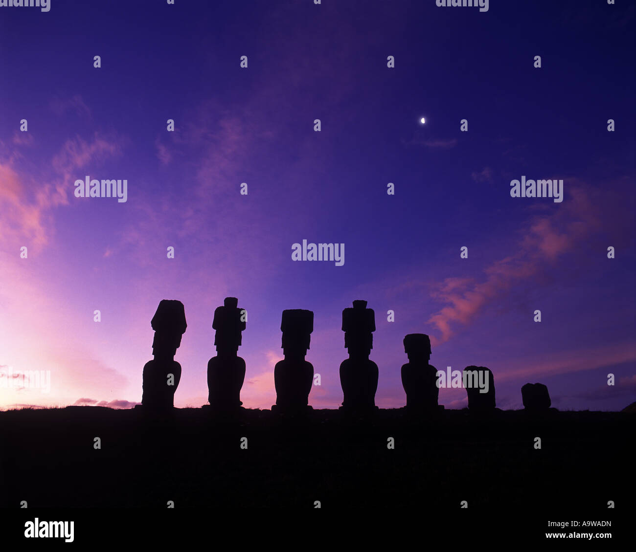 LINE OF STONE MOAI HEAD STATUES AHU ANAKENA EASTER ISLAND RAPA NUI ...