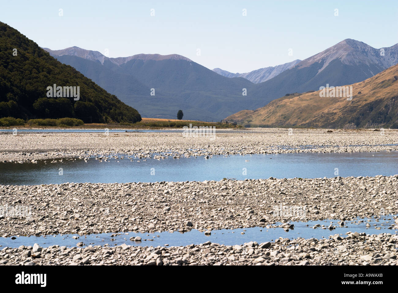 NEW ZEALAND Arthurs Pass Waimakariri River bed braided river in ...