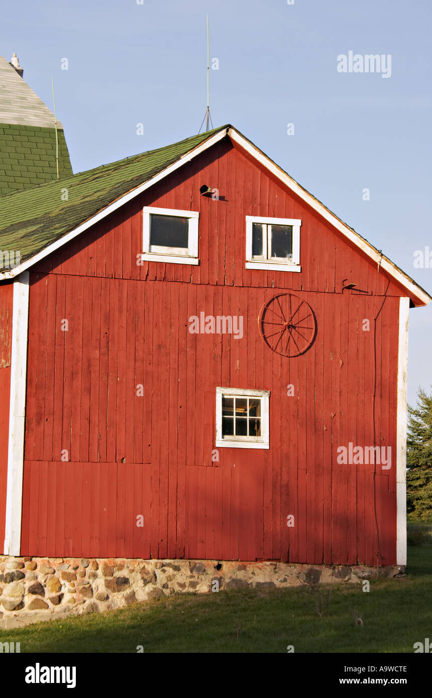 WISCONSIN Kenosha County Red barn with white trim stone foundation ...