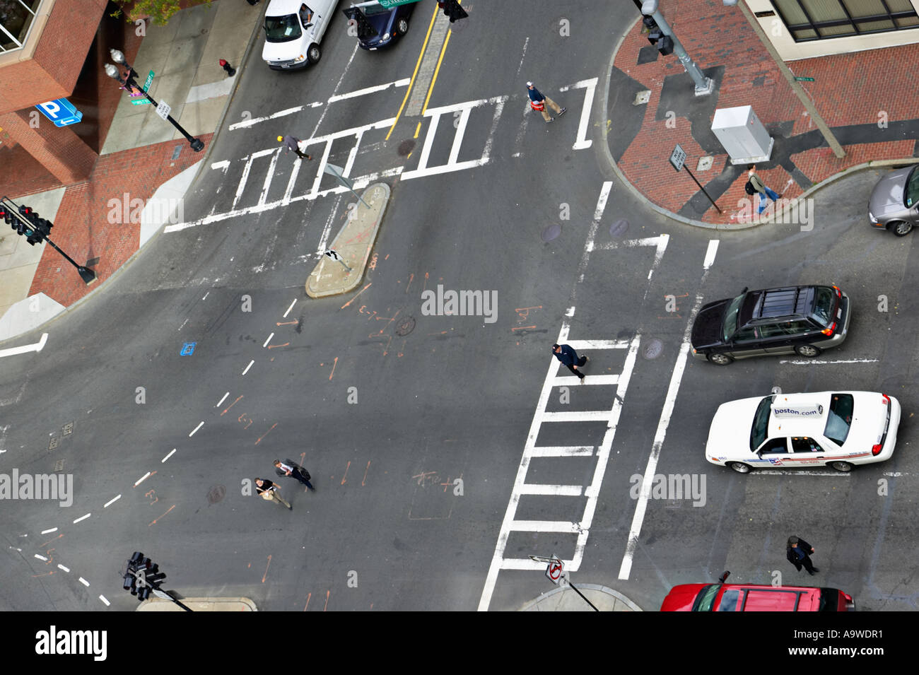 MASSACHUSETTS Boston Overhead view of pedestrians in crosswalk and ...