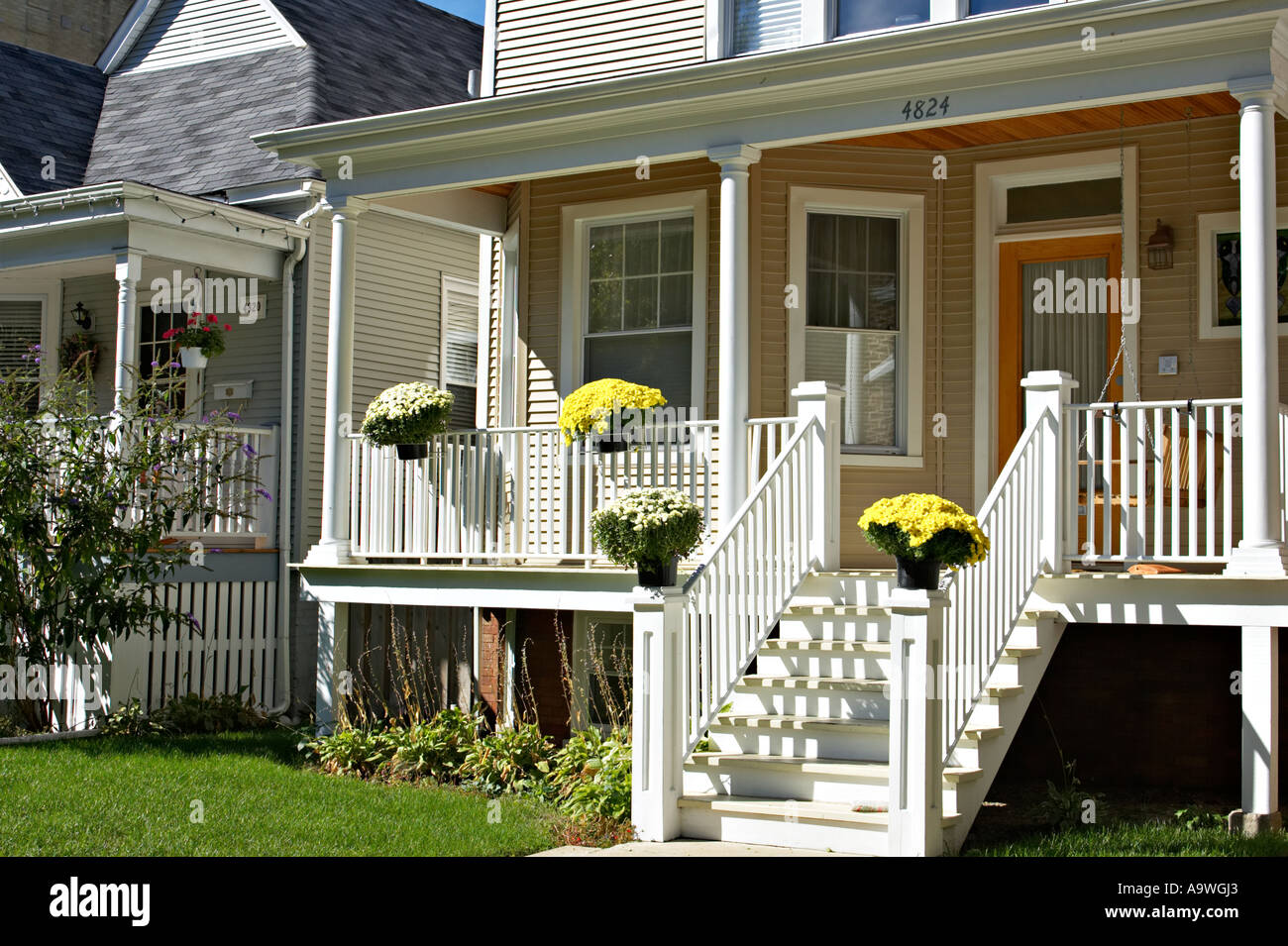 STREET SCENE Chicago Illinois Wooden front porch on urban woodframe ...