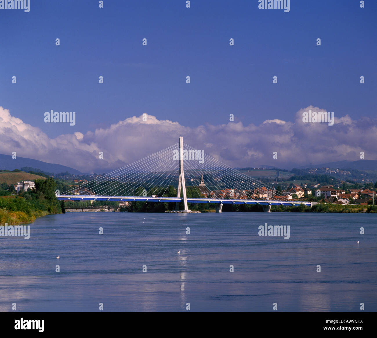 Suspension bridge over the River Rhone at Seyssel Haute Savoie France ...