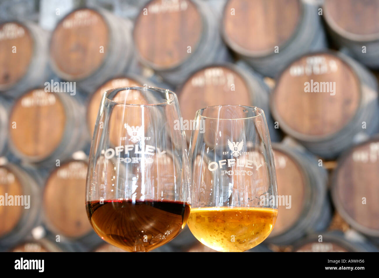 Glasses of Ruby Tawny and White port in the Offley cellars in Porto ...