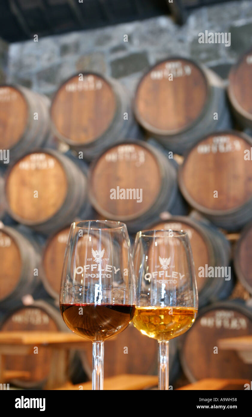 Glasses of Ruby Tawny and White port in the Offley cellars in Porto ...