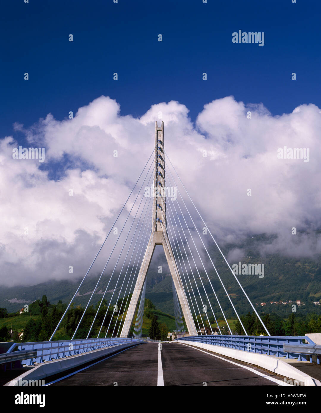 Suspension bridge over the River Rhone at Seyssel Haute Savoie France ...