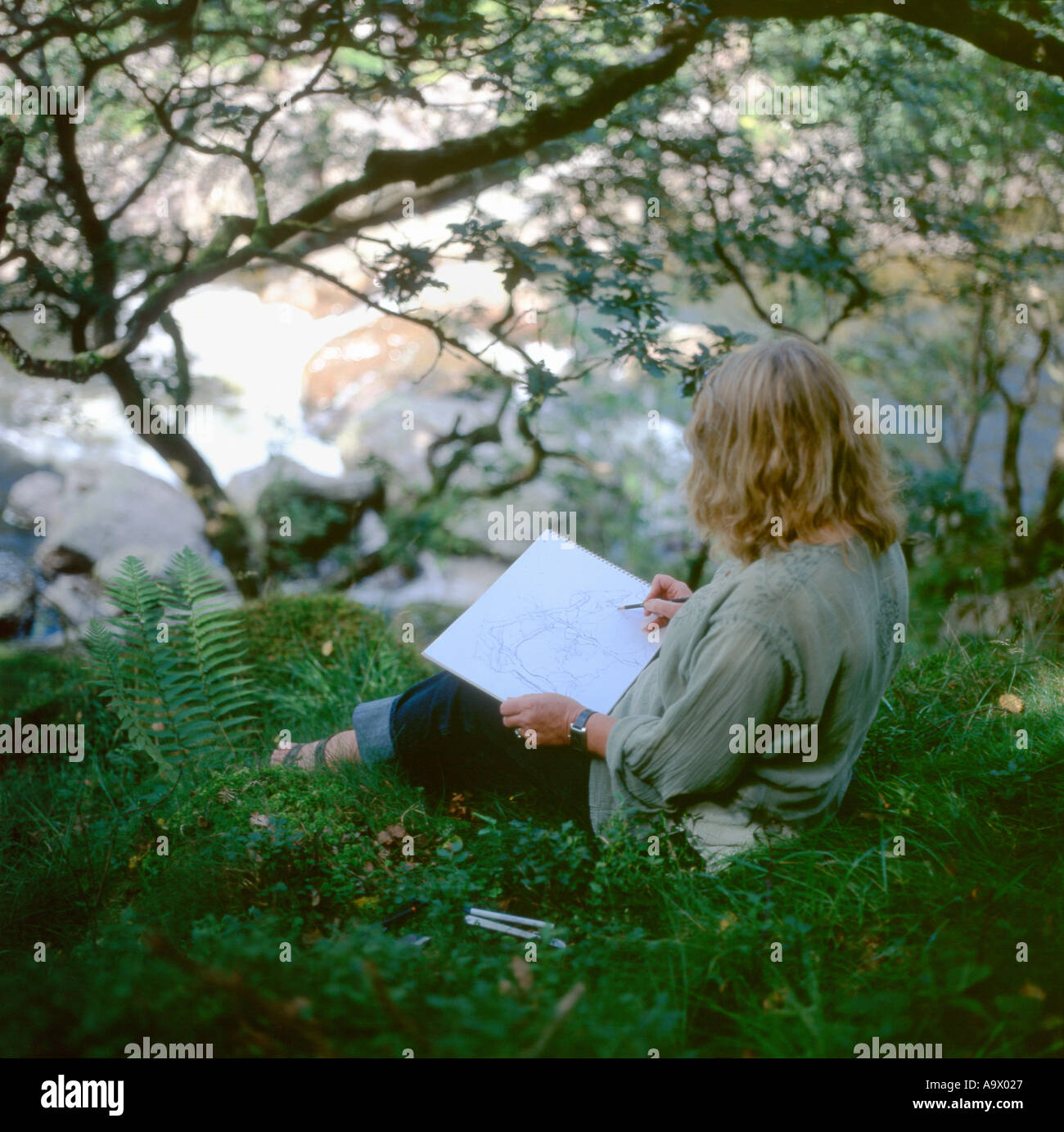 Woman sketching drawing landscape trees sitting outside in nature at ...