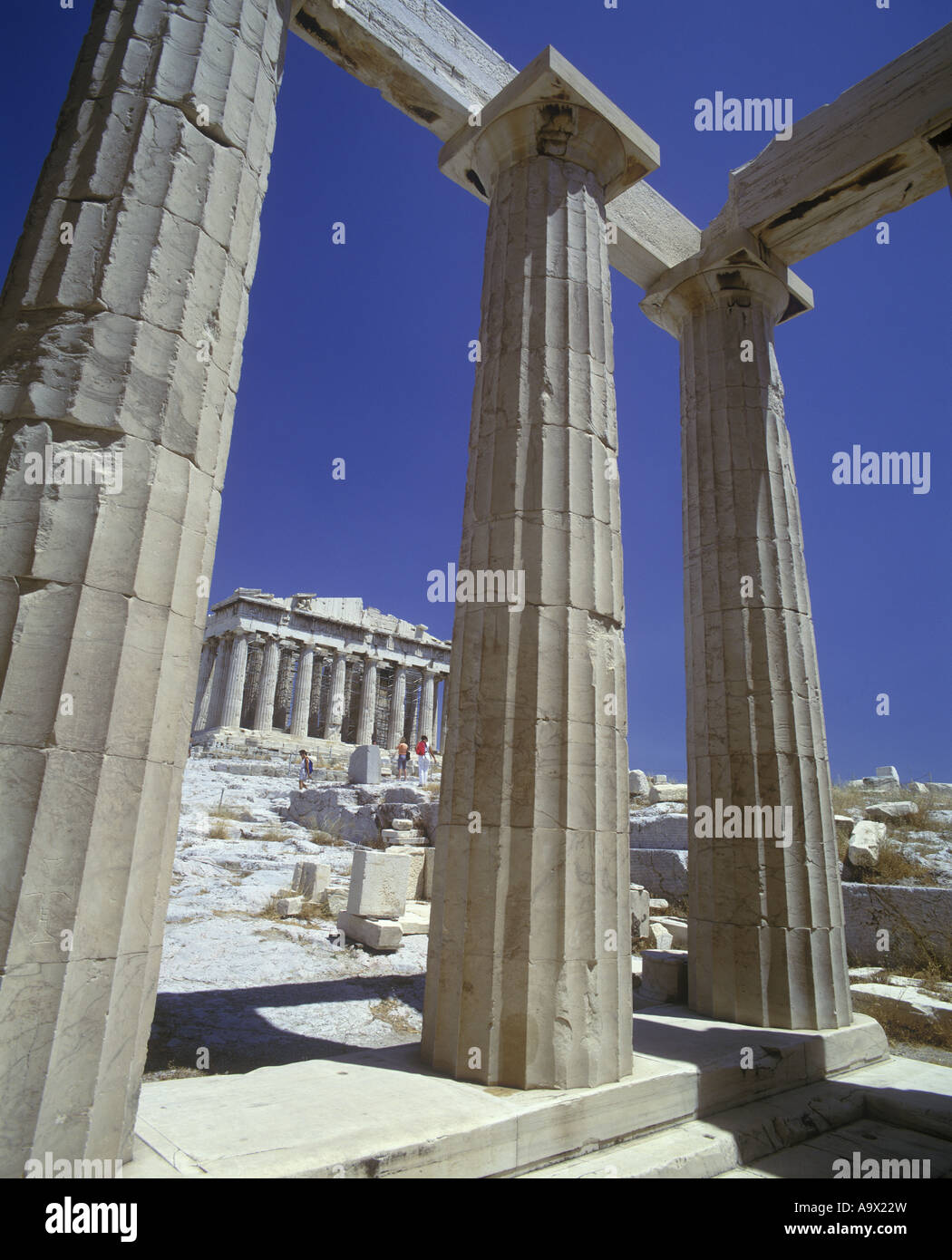 DORIC STONE COLUMNS PROPYLAEA COLONNADE & PARTHENON ACROPOLIS RUINS ATHENS GREECE Stock Photo ...