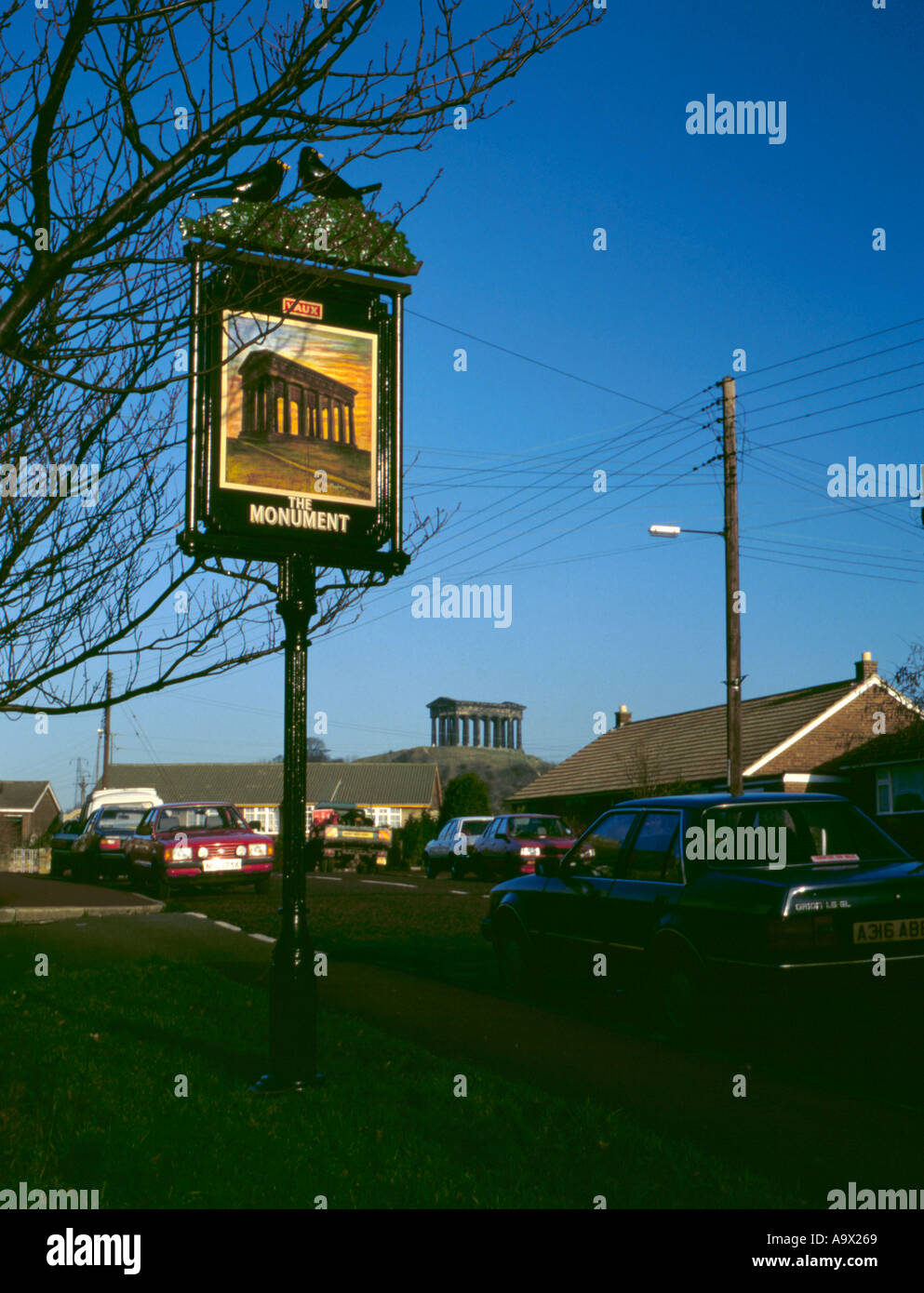 The Monument pub sign with Penshaw Monument beyond, Penshaw, Sunderland ...