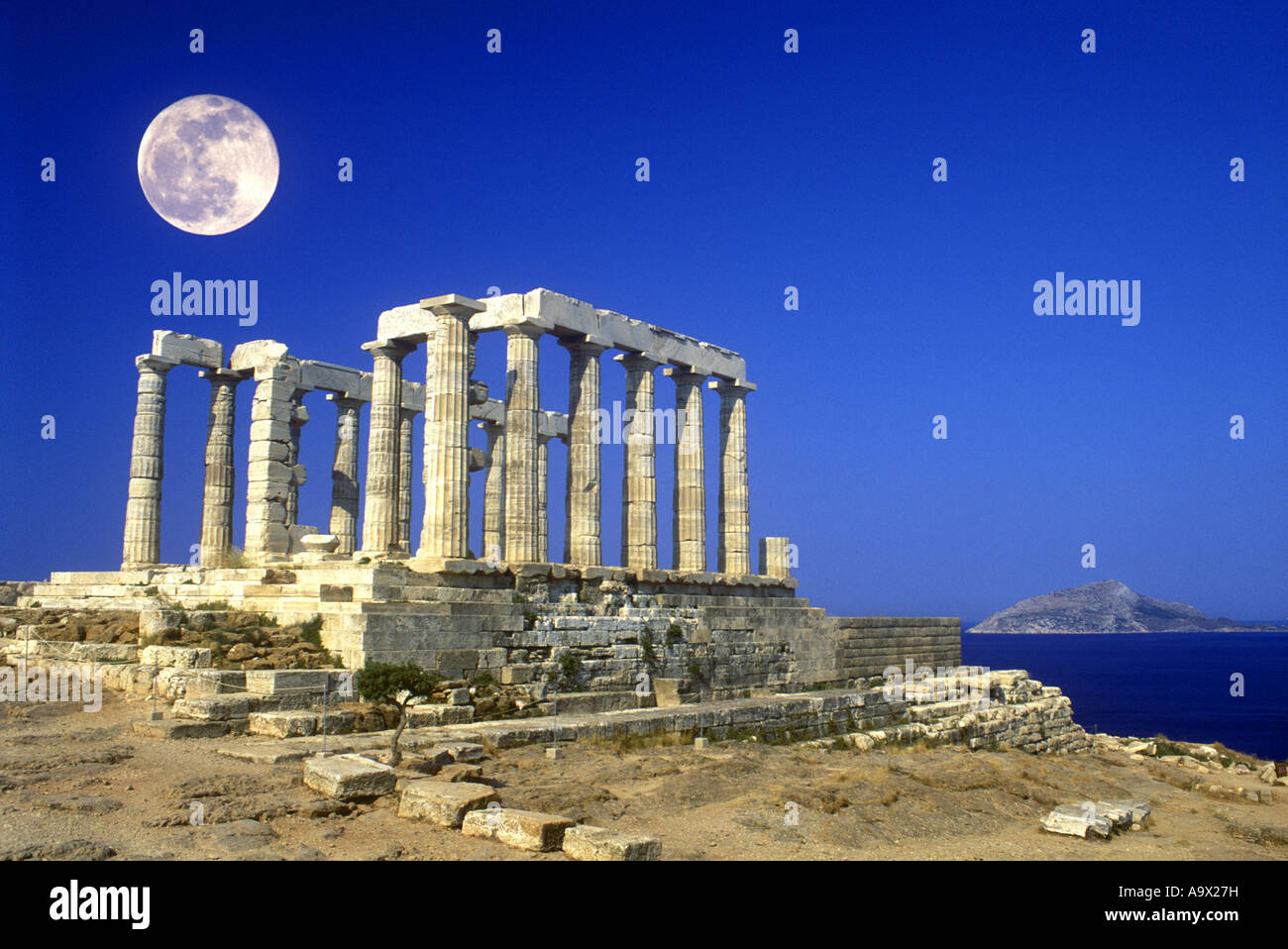 DORIC STONE COLUMNS TEMPLE OF POSEIDON RUINS CAPE SOUNION ATTICA GREECE ...