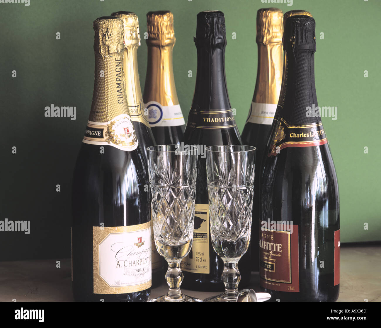 STUDIO STILL LIFE ABSTRACT CONCEPT Champagne bottles and flutes with a ...