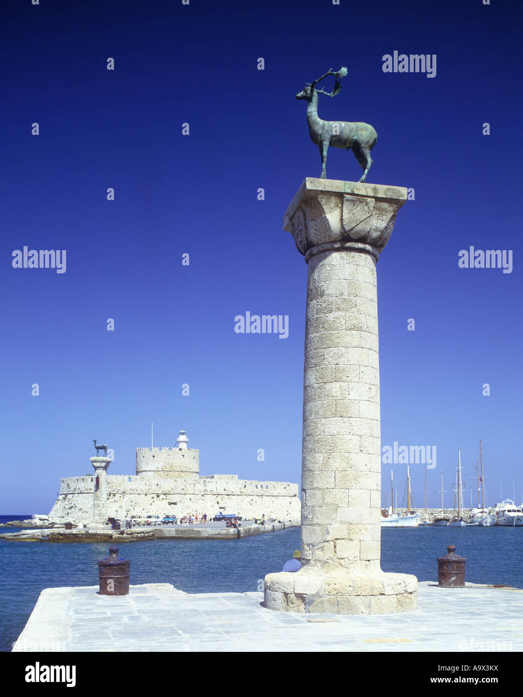 STAG STONE COLUMNS MANDRAKI OLD PORT RHODES DODECANESE GREECE Stock ...
