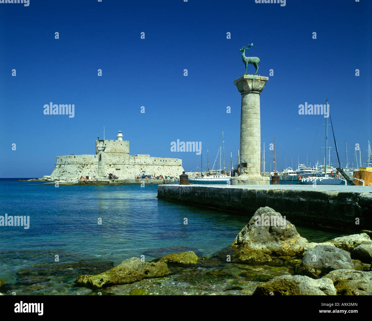 STAG STONE COLUMNS MANDRAKI OLD PORT RHODES DODECANESE GREECE Stock ...