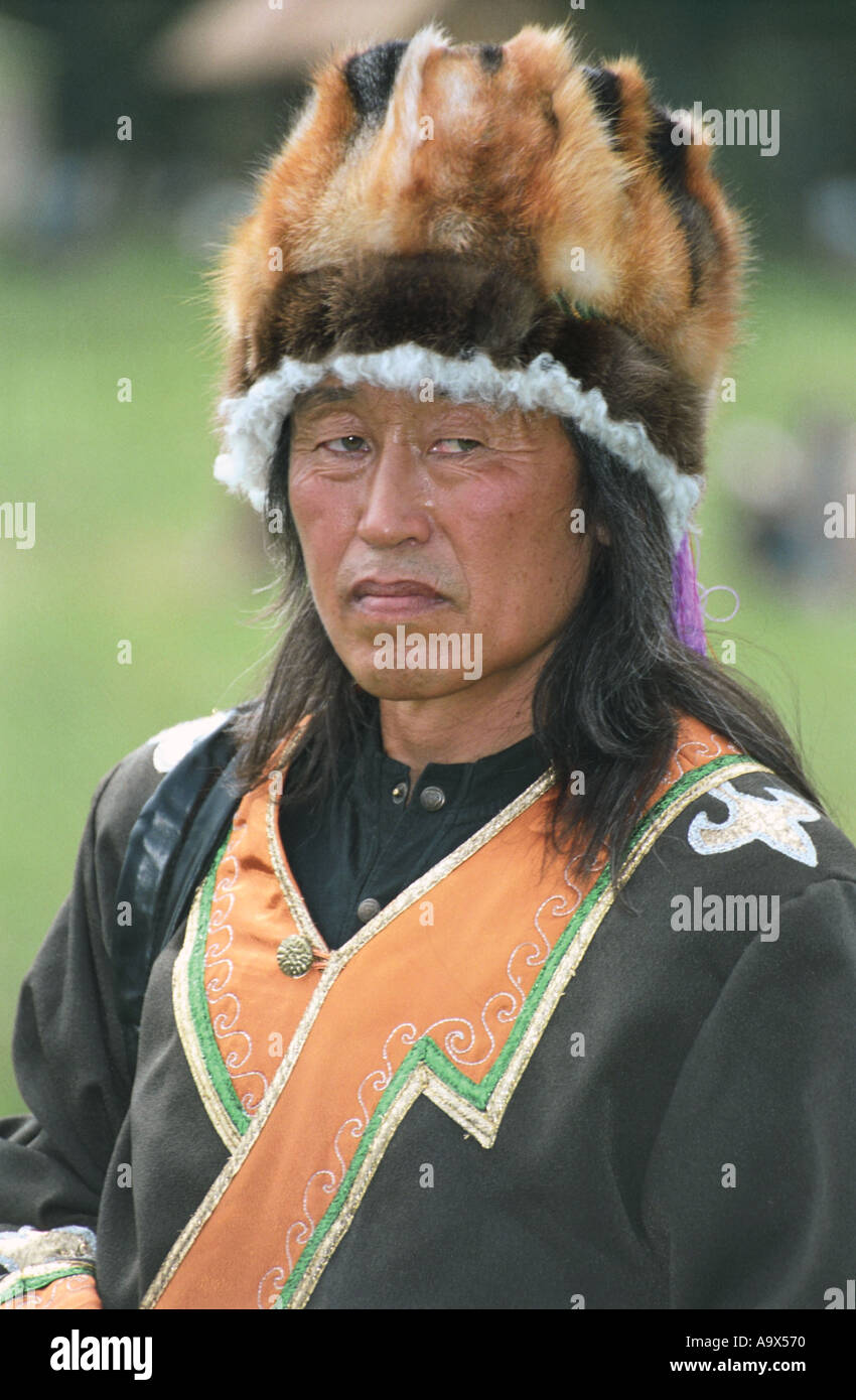 Portrait of a man in Altaic national costume Outdoor cultural festival ...