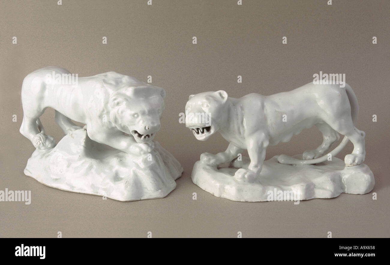 Bow Porcelain A pair of white models of a lion and lioness Circa 1750 ...
