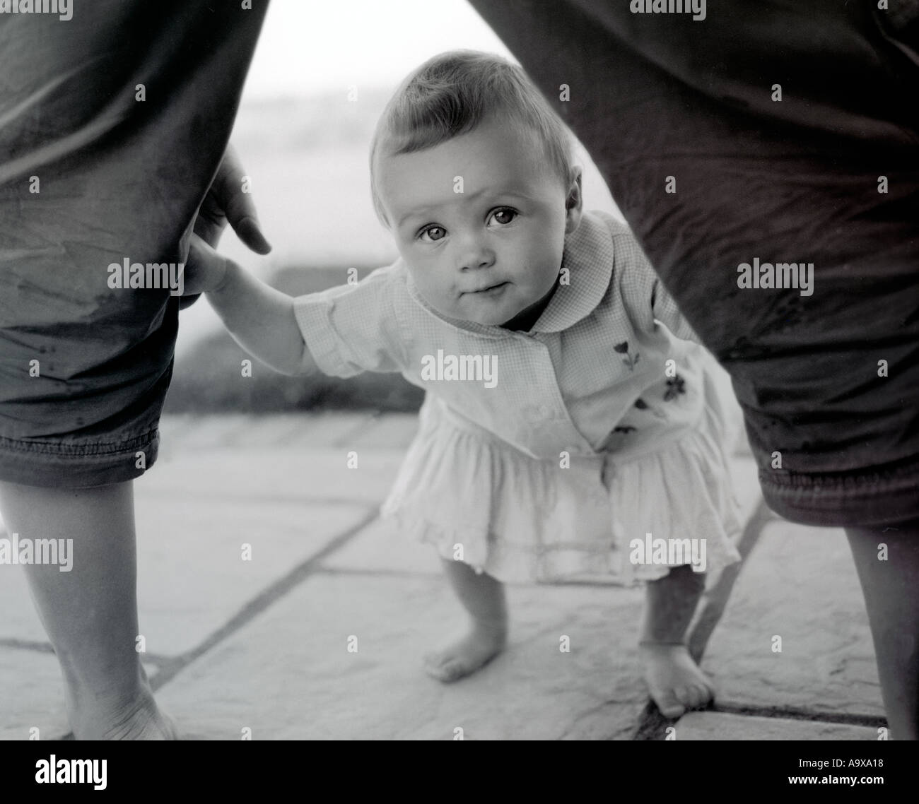 small innocent concept venerable child looking through mothers legs ...