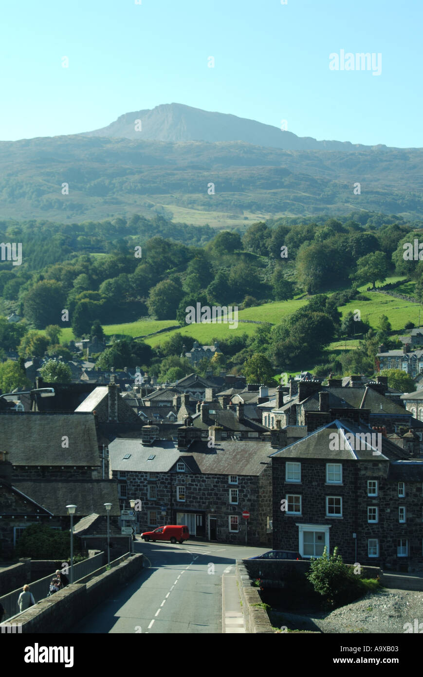 Dolgellau part of urban built up town area with Cader Idris mountain ...