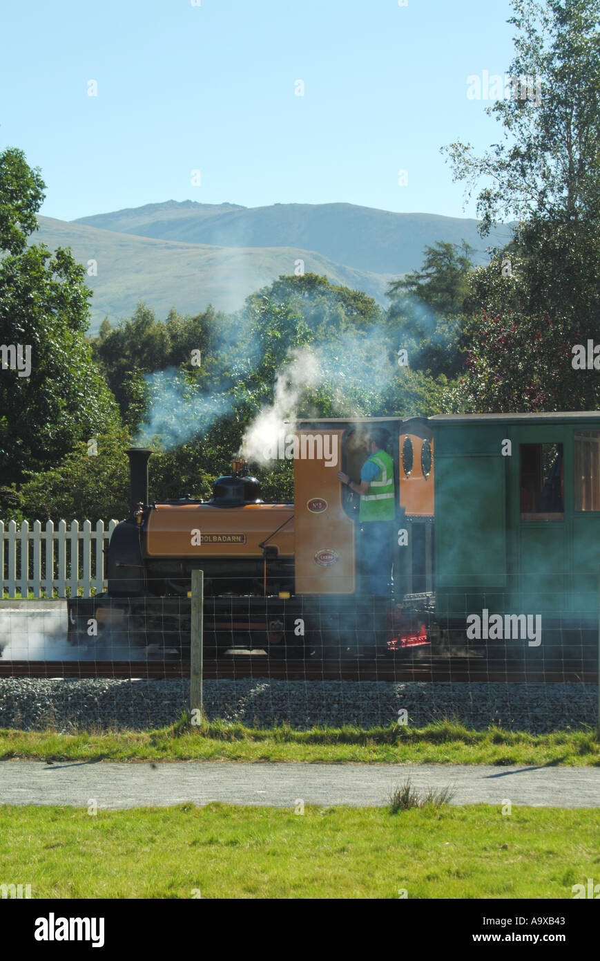 Llanberis Llyn Padarn Lake narrow gauge railway with steam engine about ...