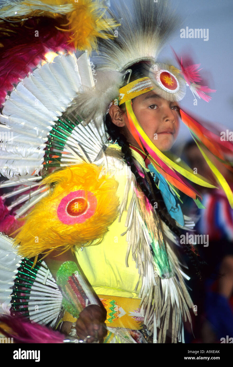 Young dancer at Powpow, a traditional meeting of Northamerican Indians ...