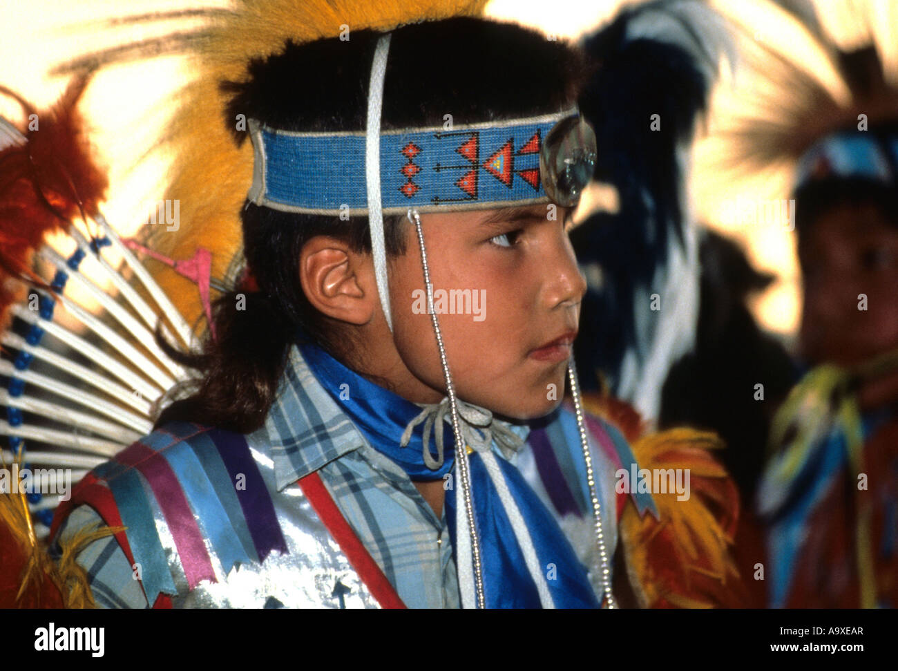 Young dancer at Powpow, a traditional meeting of Northamerican Indians ...