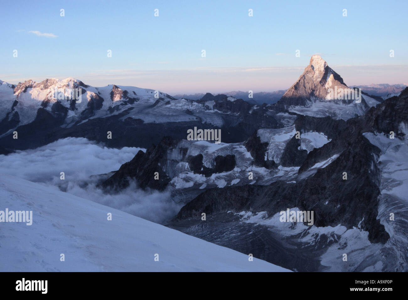 sunrise at Mount Breithorn and Matterhorn, Switzerland, Valais Alps ...