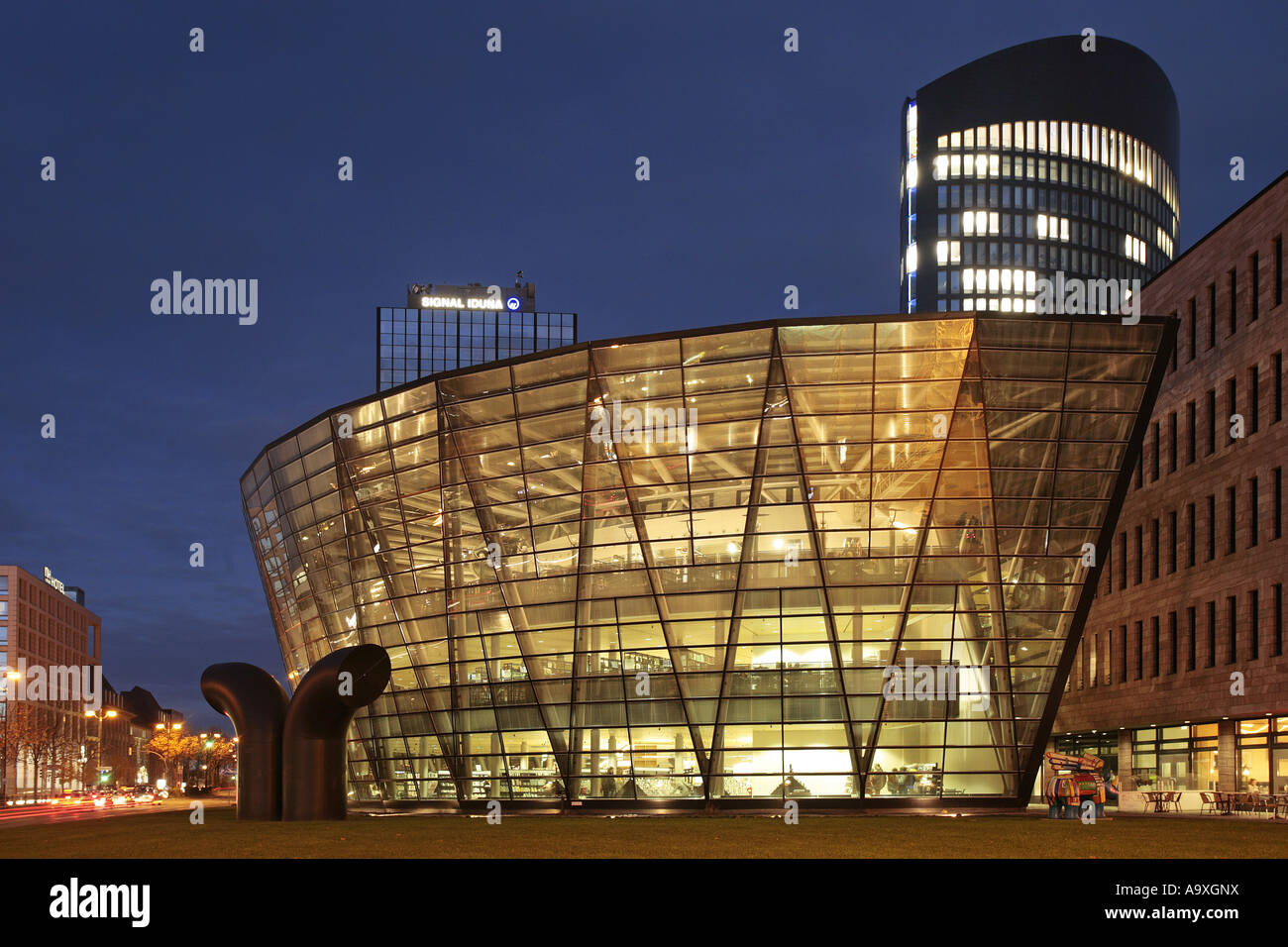 City in the evening mood with the county library, on the right side the ...