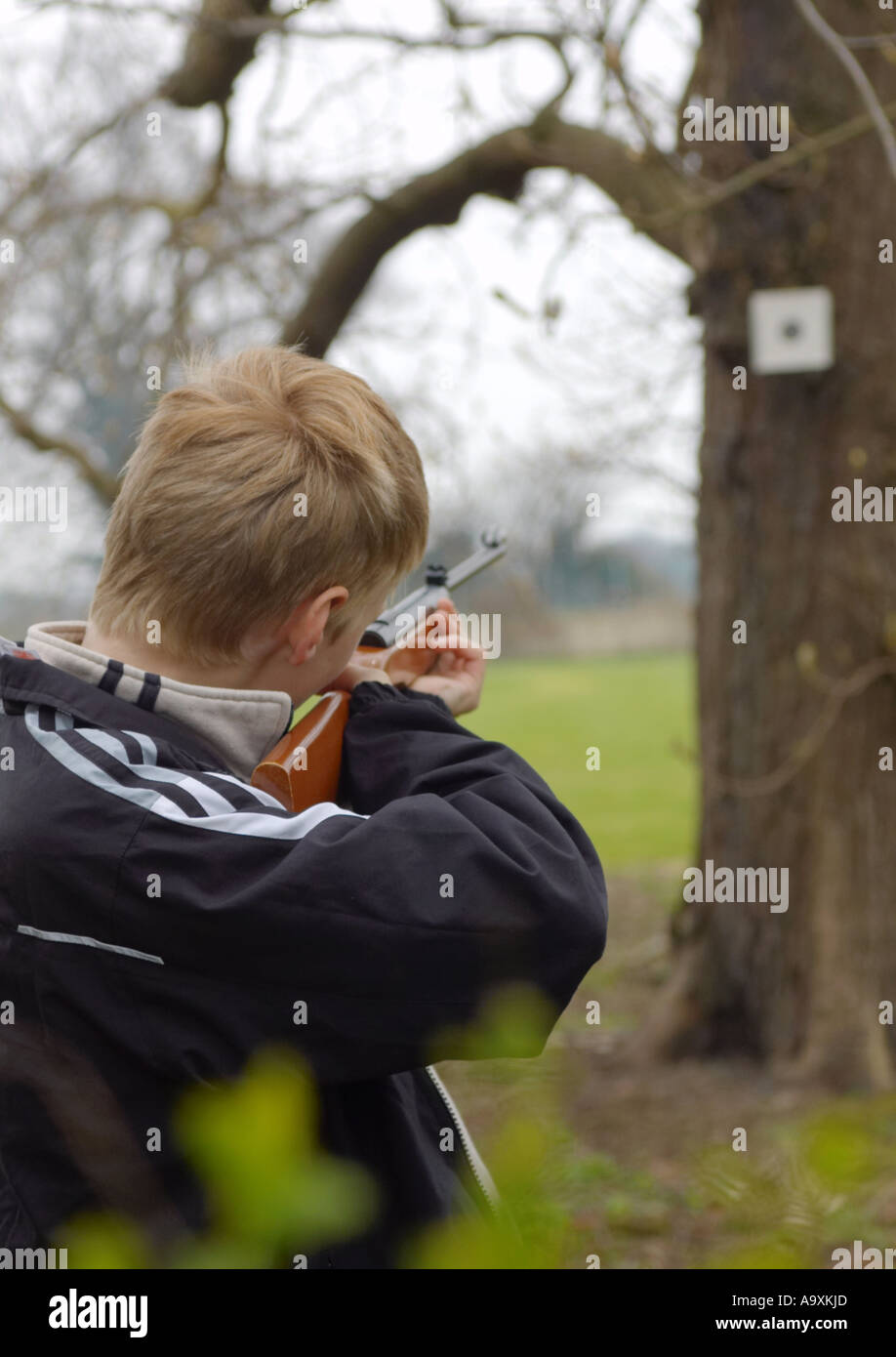 teenage boy aiming air rifle at target on a tree trunk blurred ...