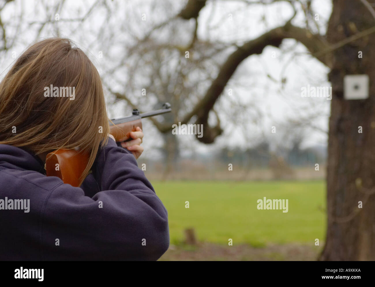 teenage girl aiming air rifle at target on a tree trunk Stock Photo - Alamy