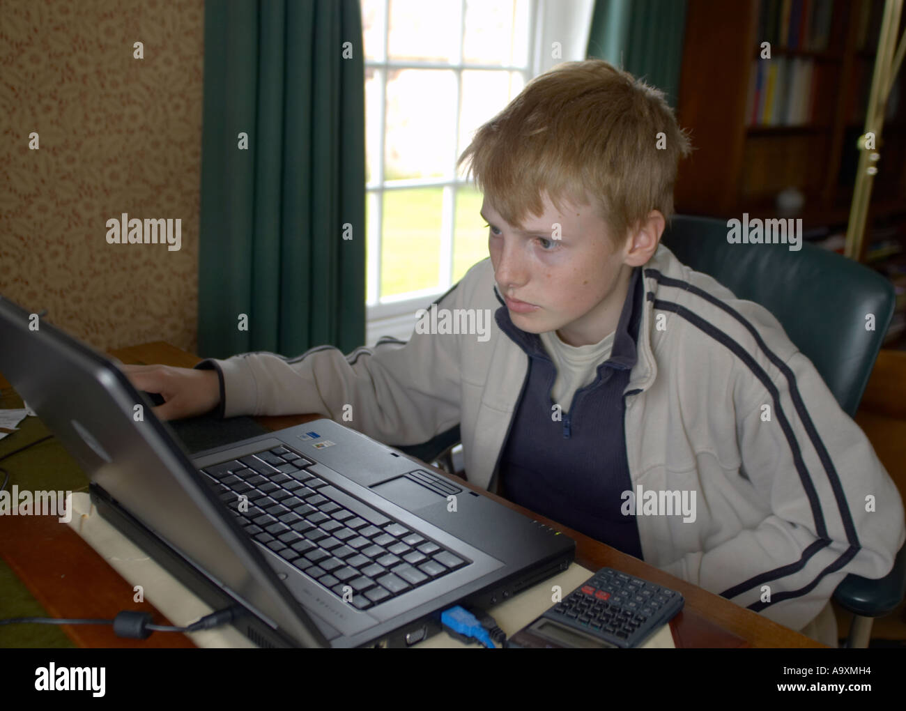 boy sitting at home at desk with laptop computer Stock Photo - Alamy