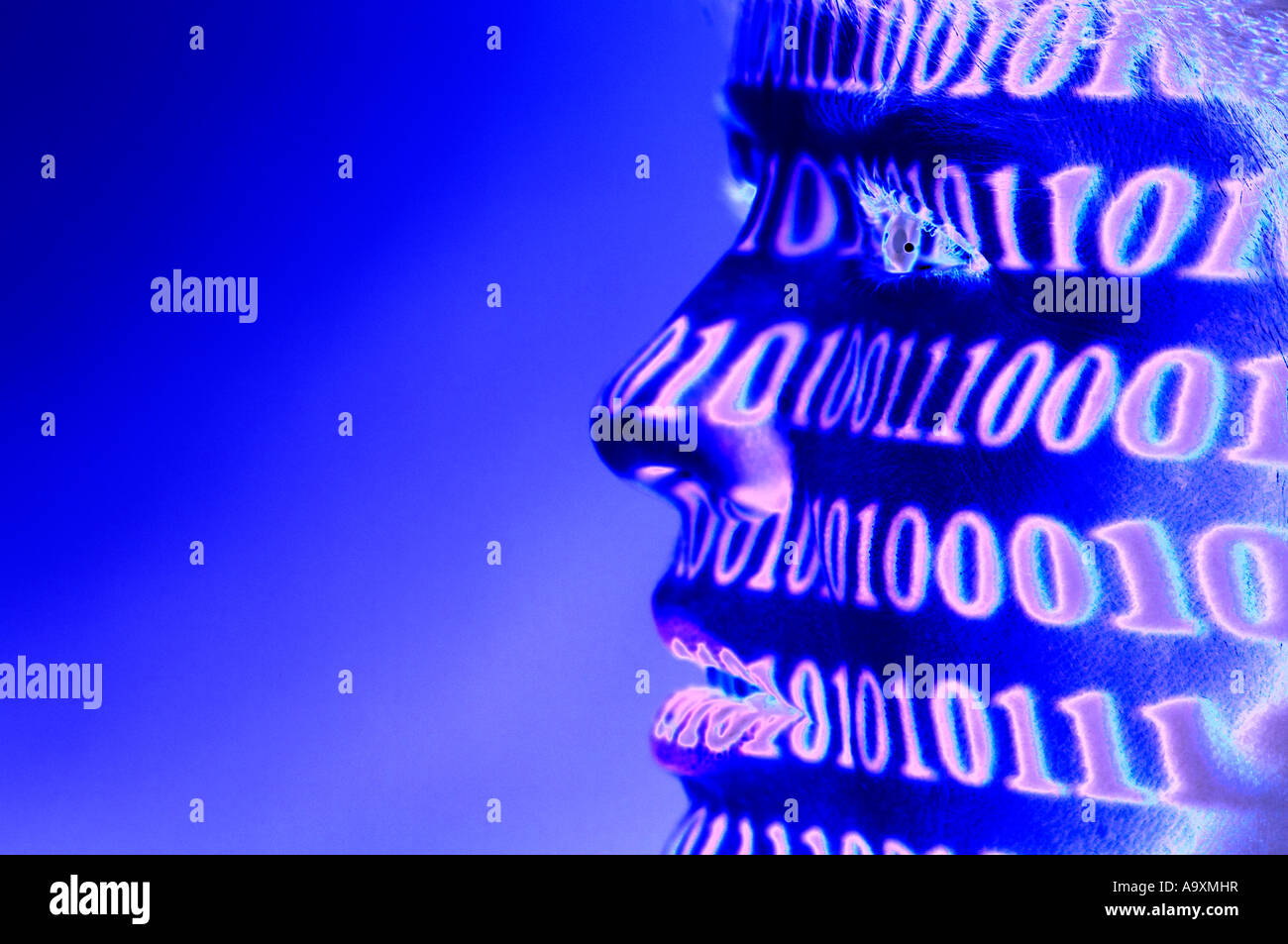 woman computer technician with binary code symbols projected on her ...