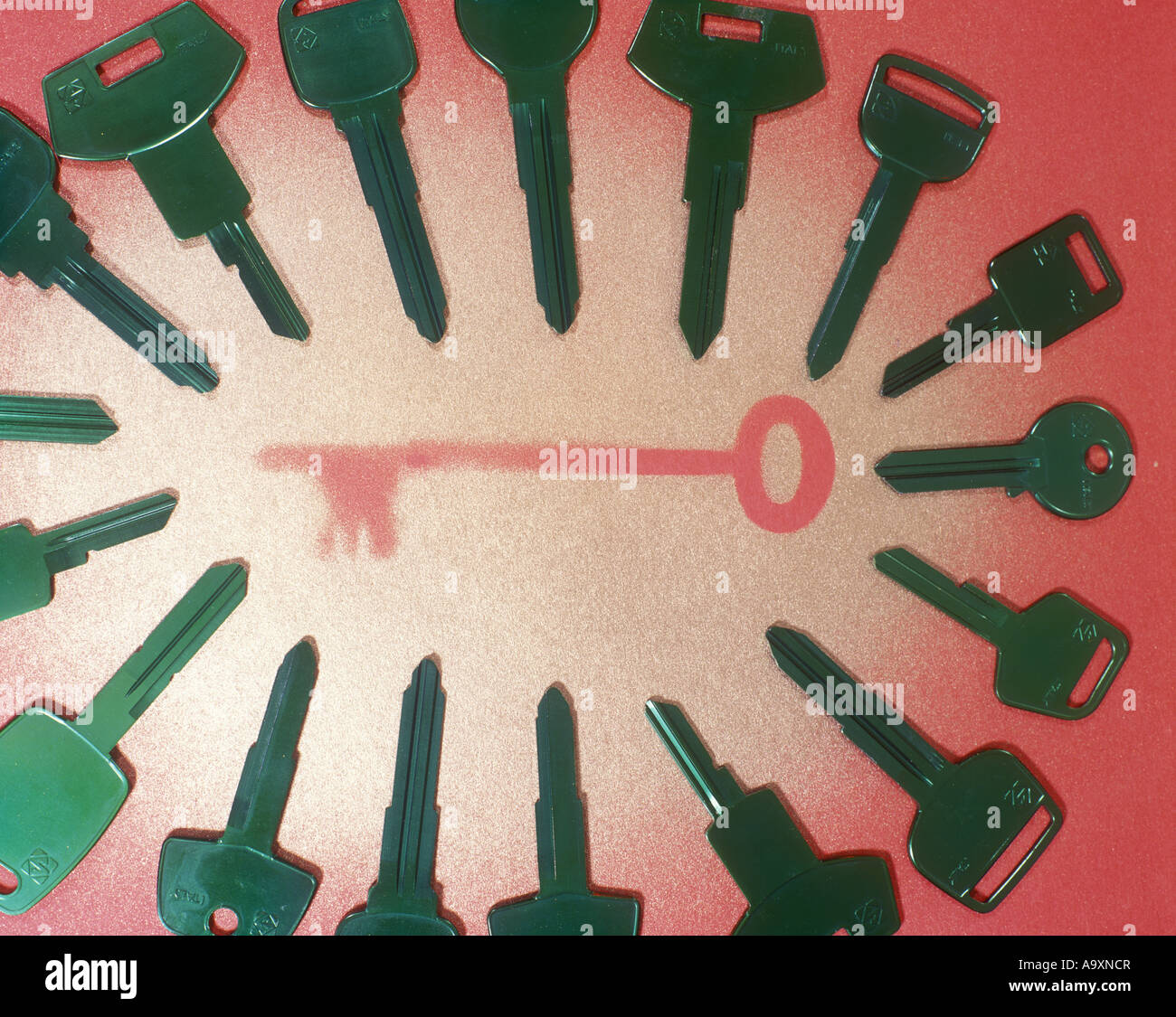 GREEN KEYS AROUND OUTLINE OF KEY Stock Photo - Alamy