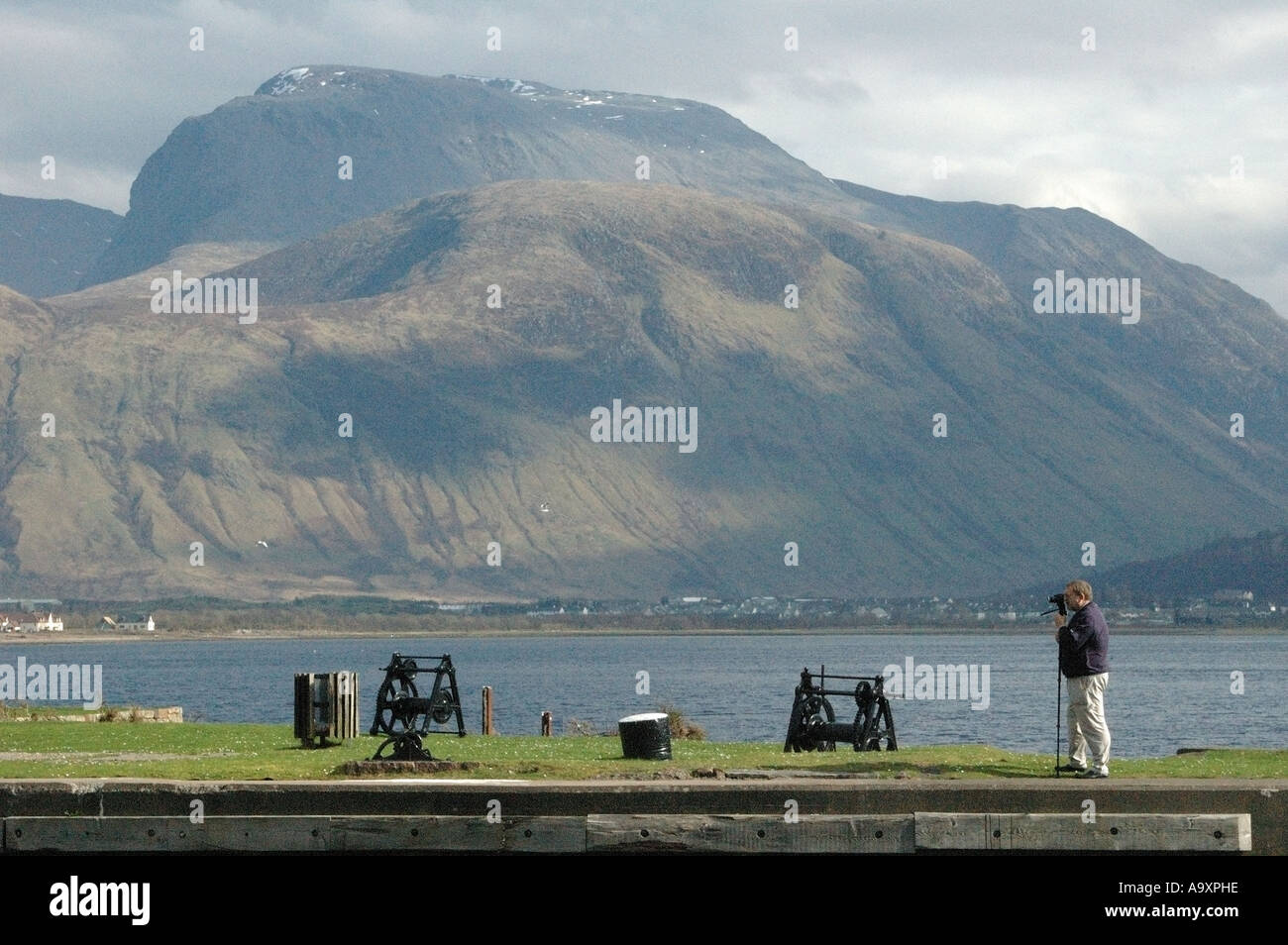 Photographer with tripod at Corpach with Ben Nevis in the background ...