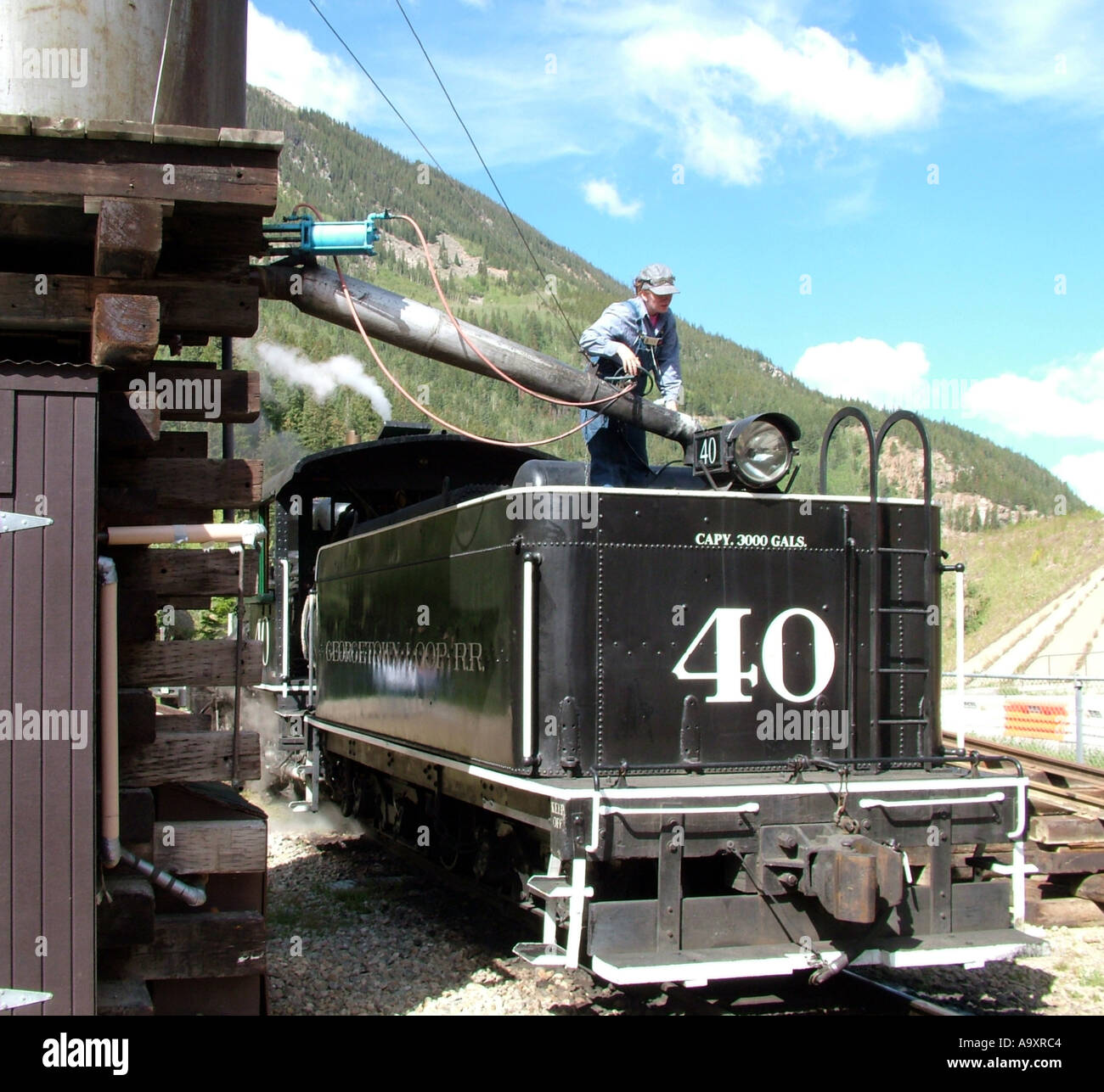 Georgetown-Loop Railroad in mill, steam engine, filling of water, USA ...