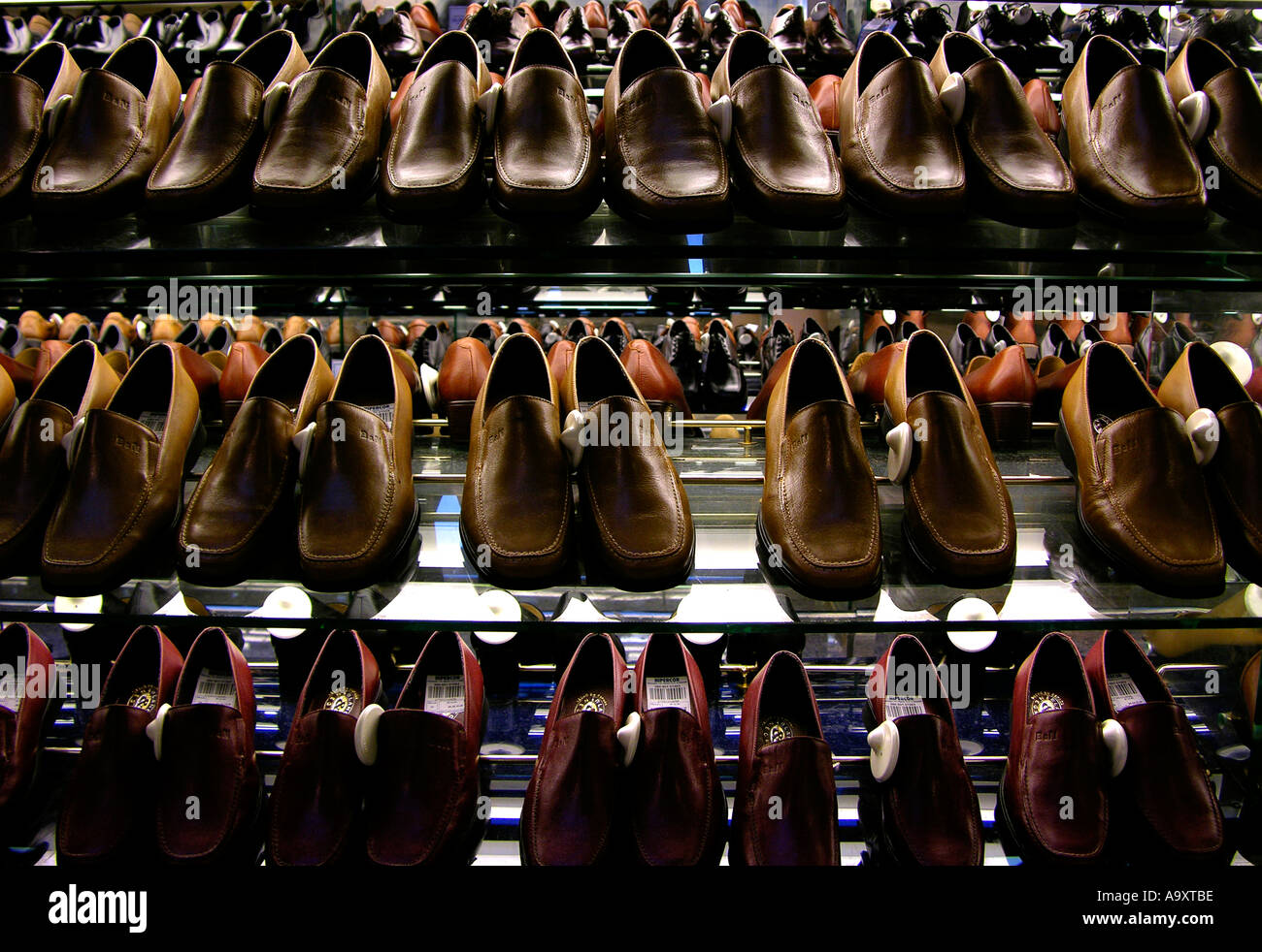 detail of a display of leather shoes in a shop Stock Photo - Alamy