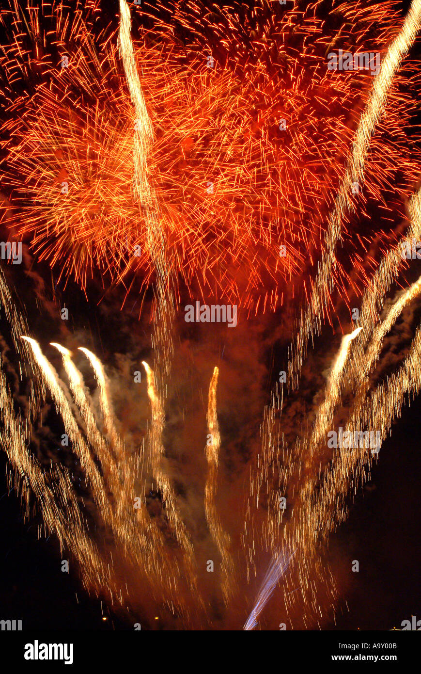 Explosion of Fireworks taken on bonfire night against a dark black ...