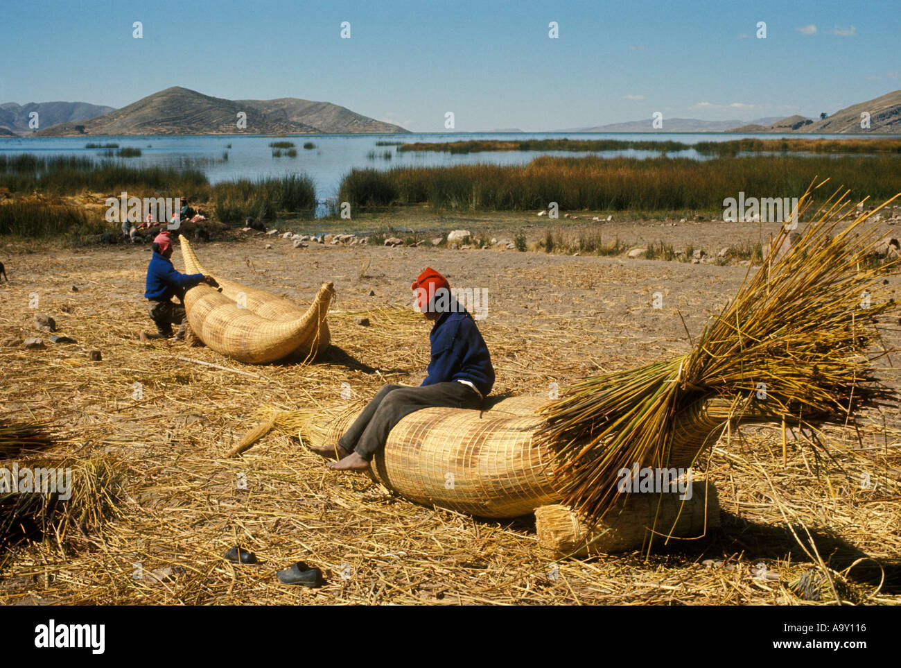 Aymara Indian fishermen making reed rafts called balsa de totora on ...