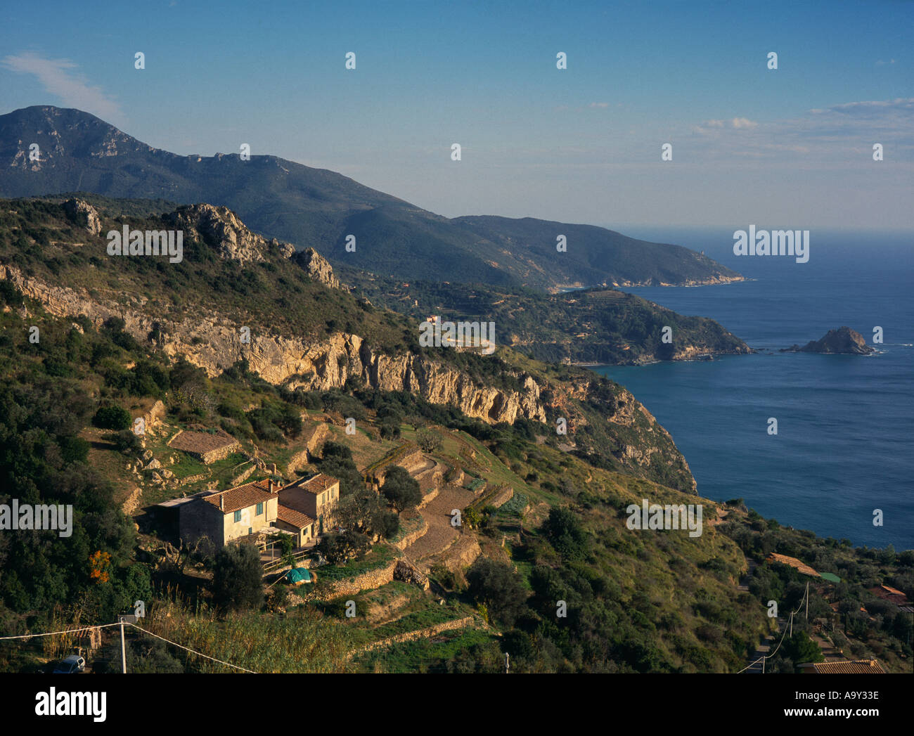 Italy Monte Argentario island elevated view with farm in frgd cliffs ...