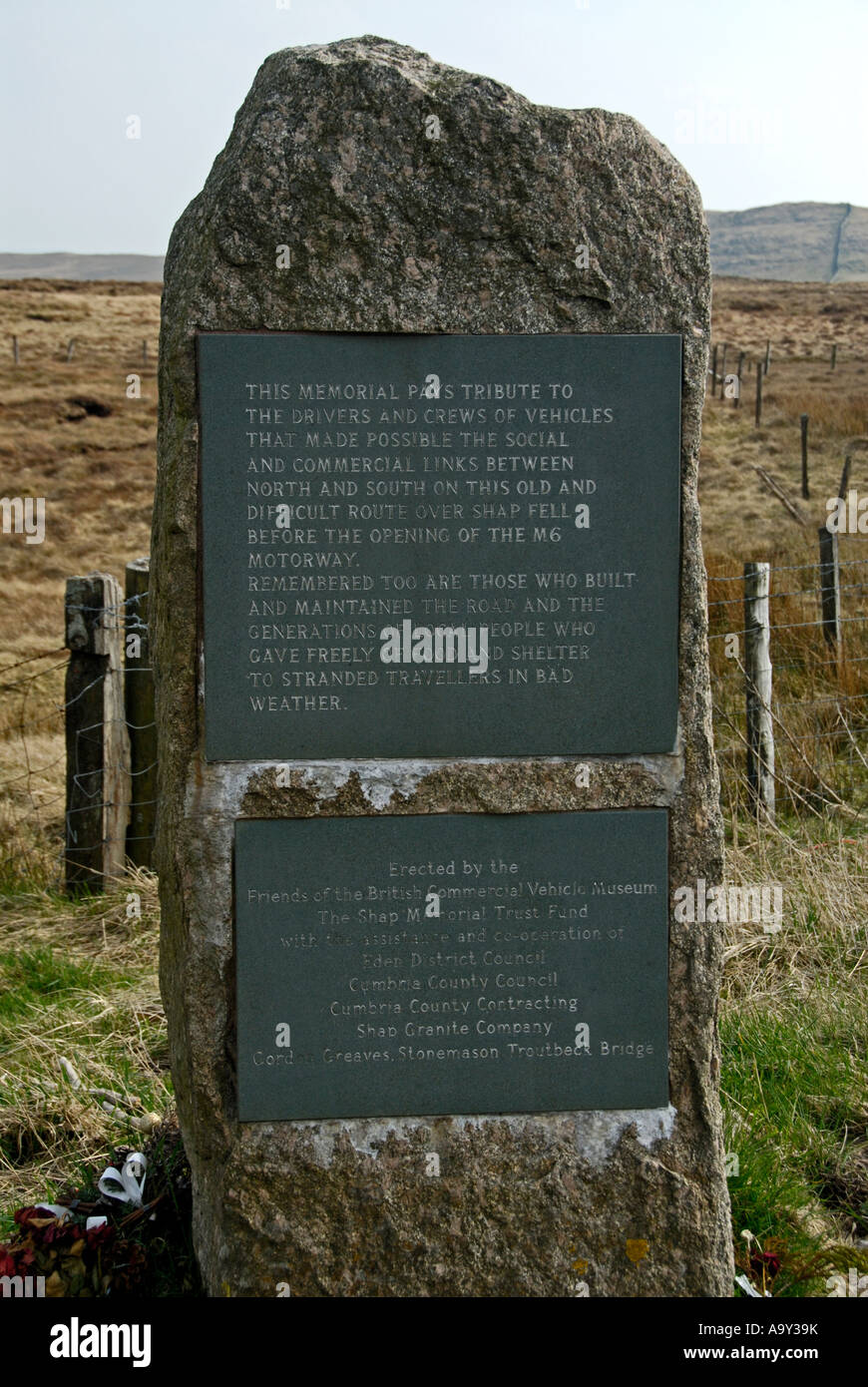 Memorial to drivers on the summit of the A6 road at Shap Fell, Cumbria ...
