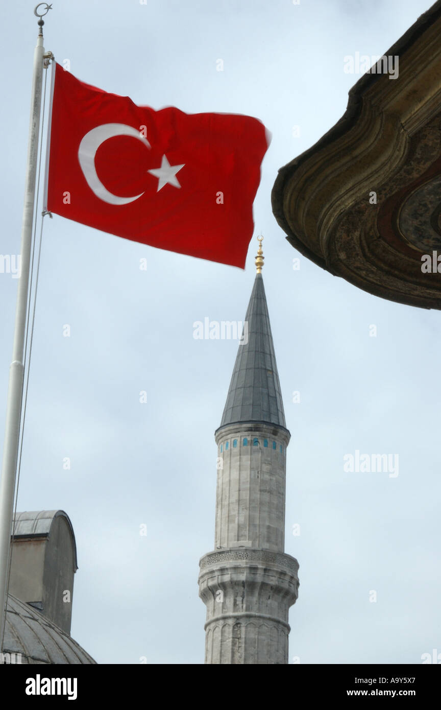 Turkish flag flying by one of the turrets of Aya sofya, Sultanahmet ...