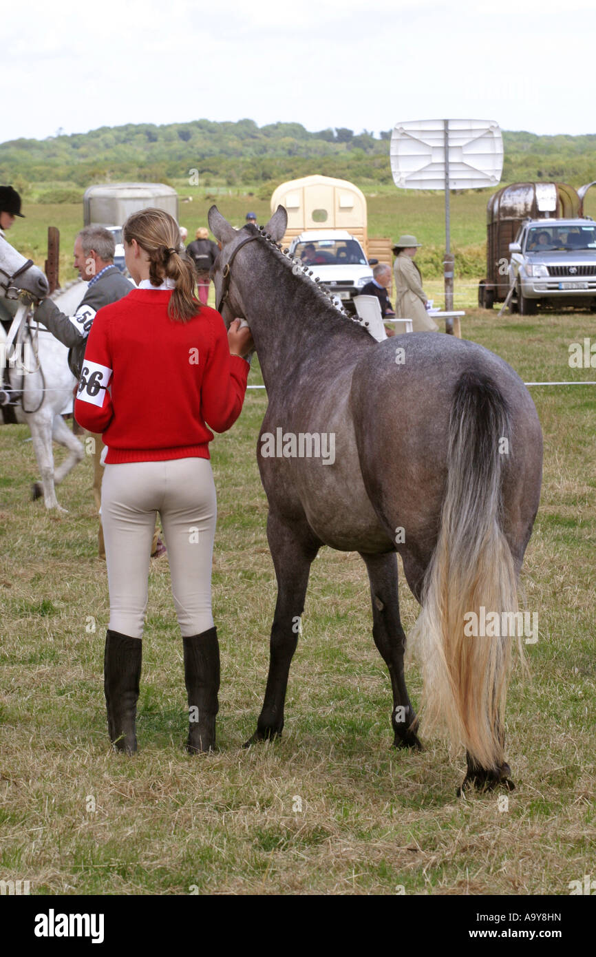 horsewoman and pony viewed from behind jodhpurs and boots we see the ...