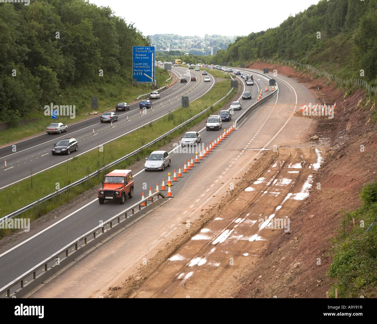 Roadworks widening M4 motorway near Cardiff with contraflow in ...