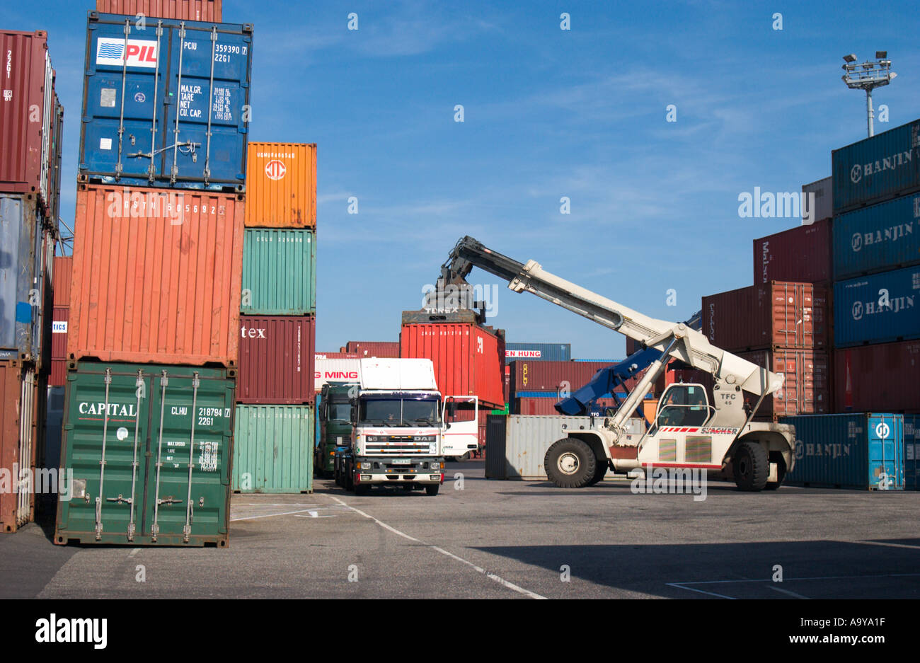 freight container is loaded onto truck in container terminal Stock ...