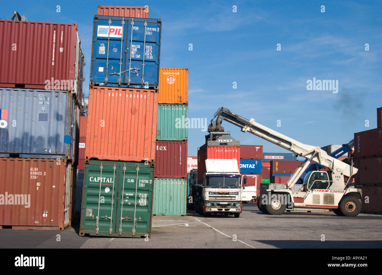 freight container is loaded onto truck in container terminal Stock ...