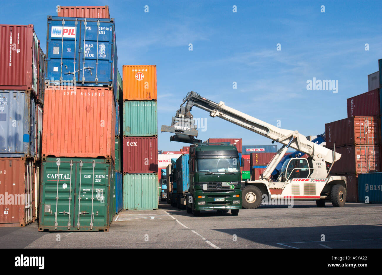 freight container is loaded onto truck in container terminal Stock ...